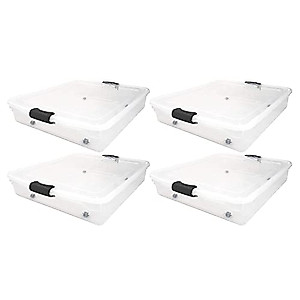 HOMZ Large 56 Quart Full/Queen Stackable Underbed Clear Plastic Ergonomic Latching Storage Container with Rolling Wheels, 4 Pack