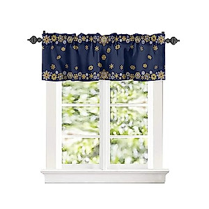 Christmas Day Kitchen Curtain Valance for Window Winter Geometric Snowflake 60x18In Rod Pocket Valances Short Curtains Window Treatment for Living Room Bathroom Bedroom Cafe Decor Gold White on Blue