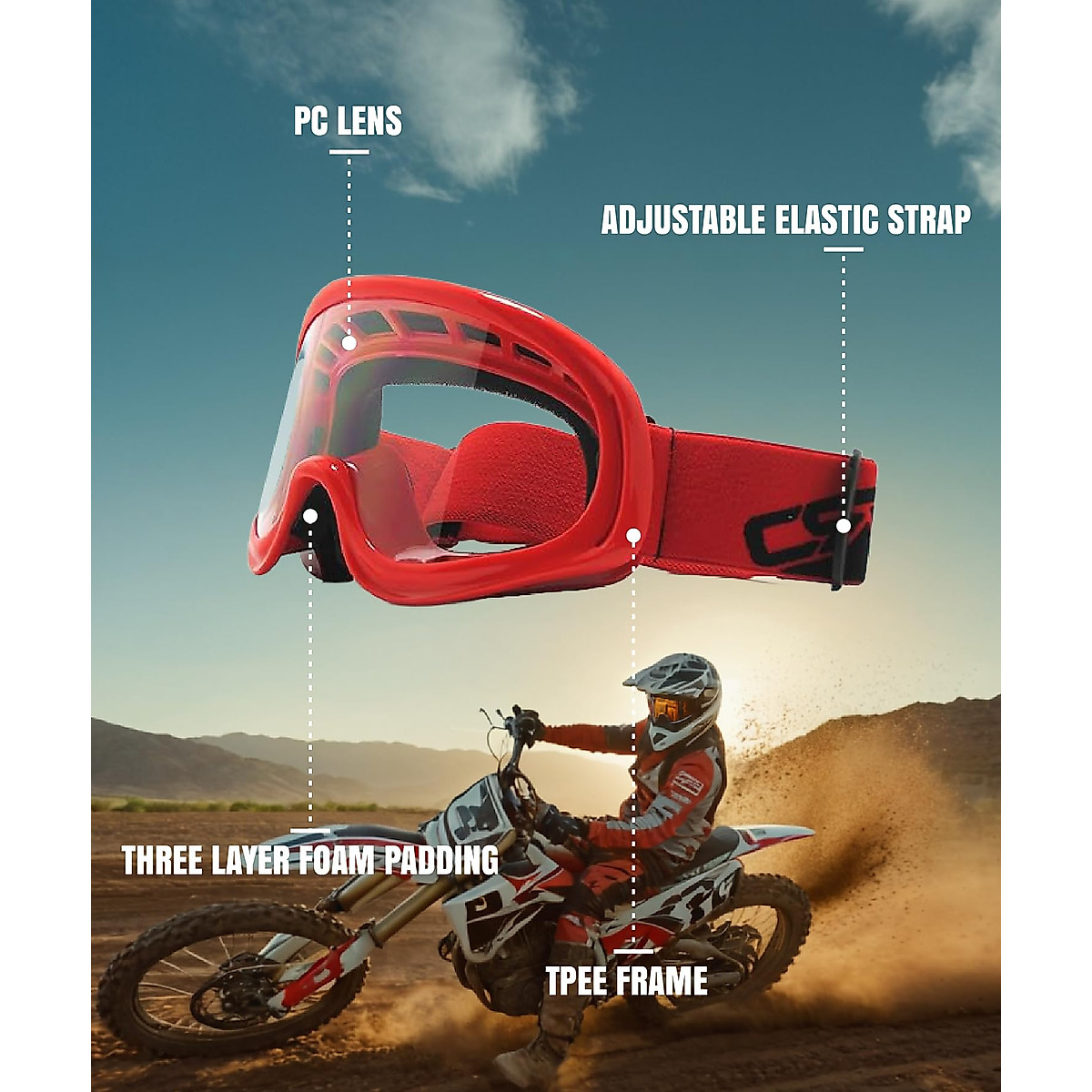 CRG Sports Motorcycle Goggle ATV Dirt Bike Off Road Racing Motocross Goggles for Men, Women, Adults