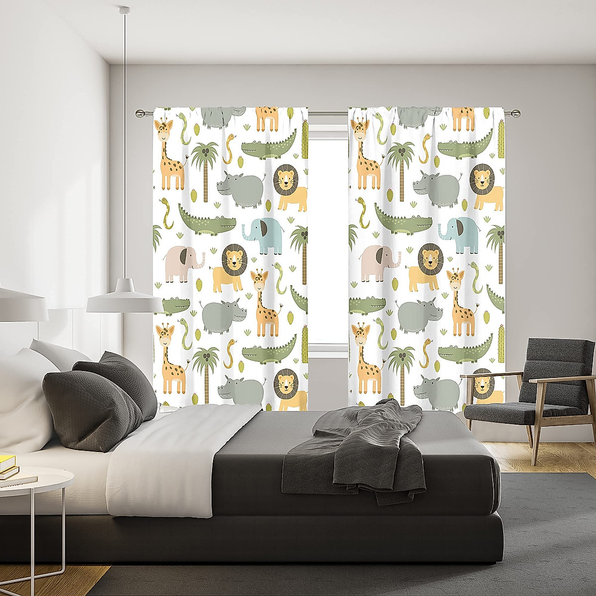 MESHELLY Kids Safari Curtains 42W X 63H Inch Rod Pocket Cute Cartoon Animals Baby Boy Nursery Bedroom Decor Woodland Jungle Lion Elephant Curtains for Children Living Room Window Drapes Fabric
