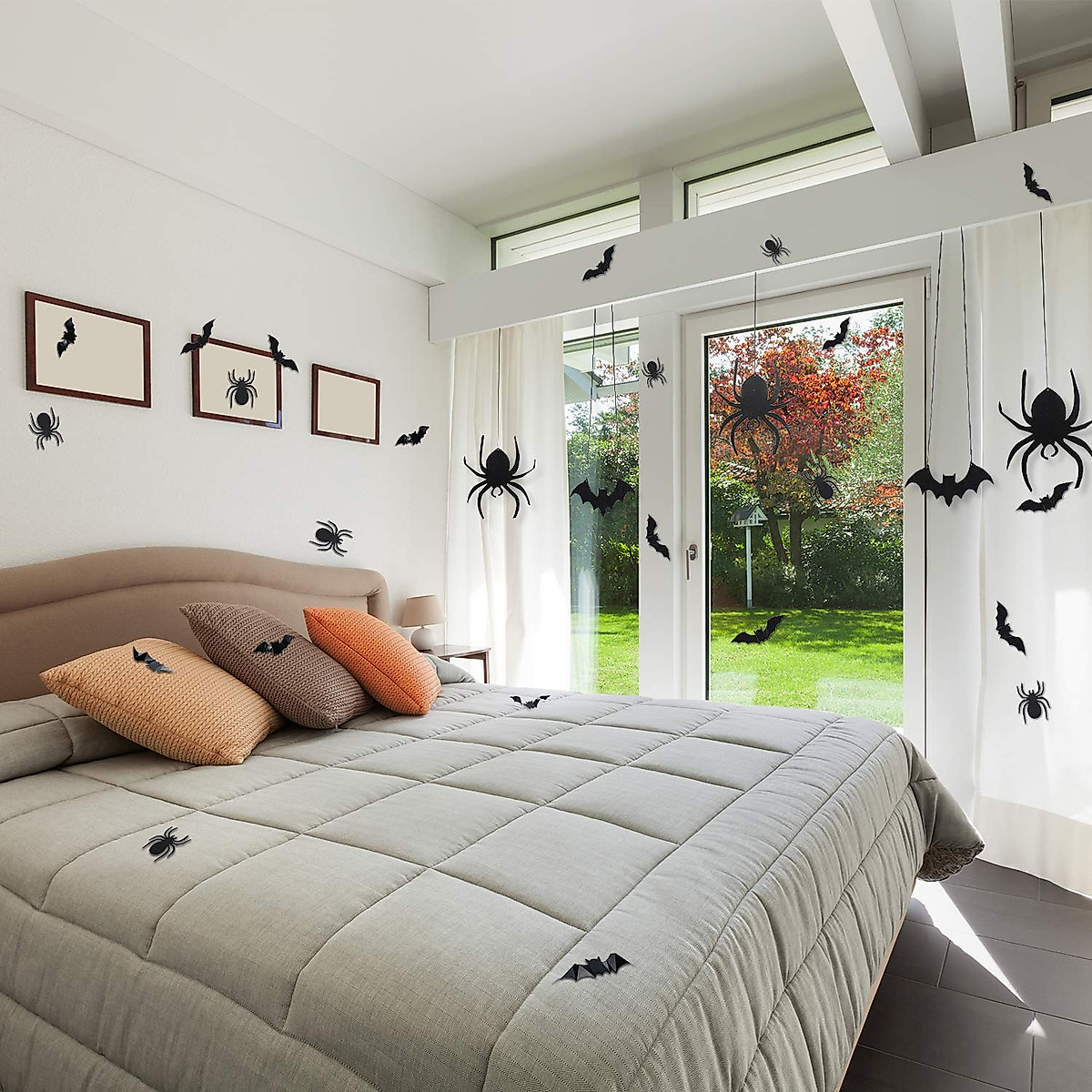 46 Pieces Halloween Bat Spider Decorations Hanging Bats and Spiders Wall Decals Window Stickers Halloween Party Supplies