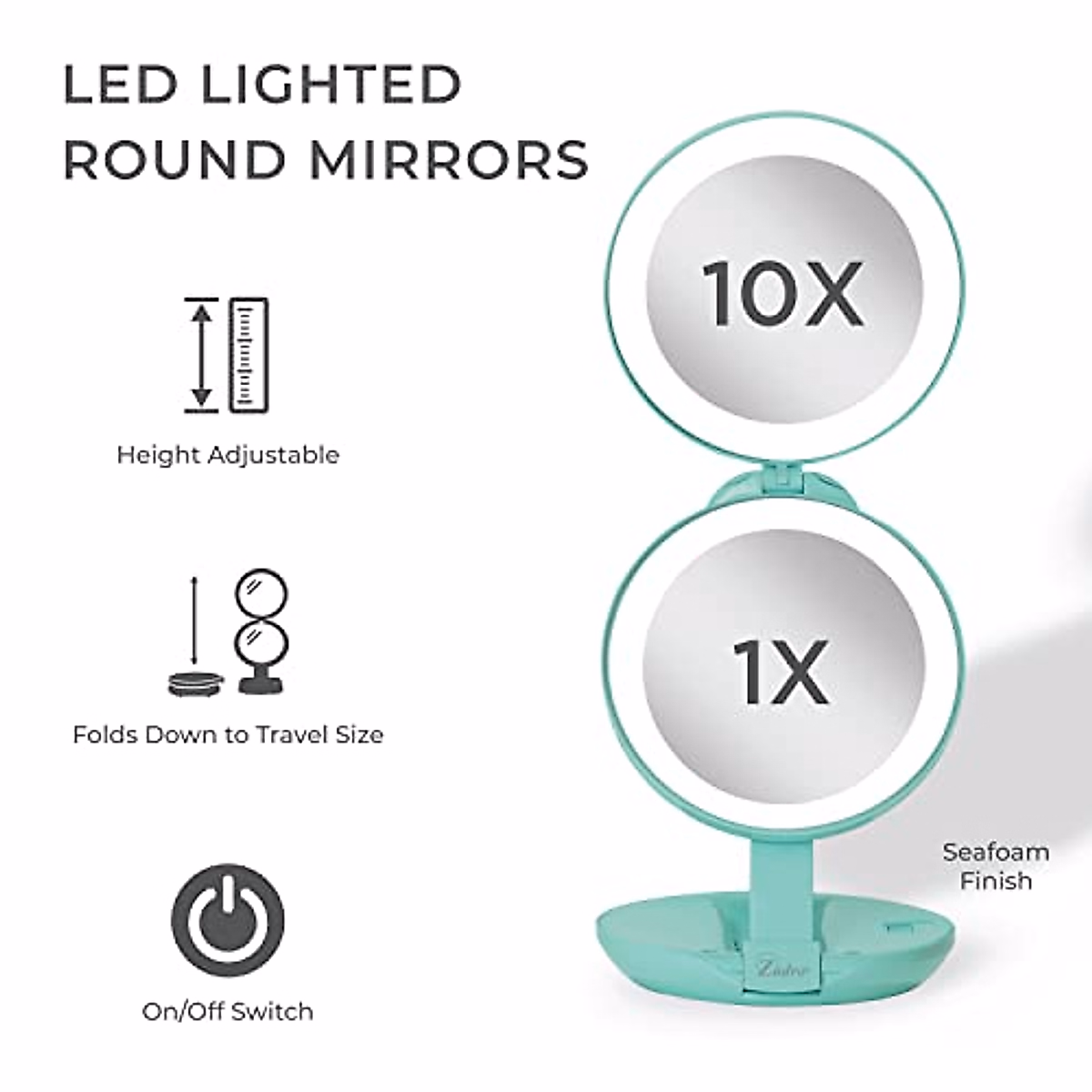 Zadro 4.5" Round LED Compact Mirror 10X/1X Travel Mirror with Lights and Magnification 3 AAA Batteries LED Makeup Mirror
