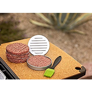 J-Line Design Deluxe Cast Aluminum Hamburger Patty Press Burger Maker with Plastic Handle Complete with Sauce Basting Brush and 100 Non-Stick Wax Paper Sheets