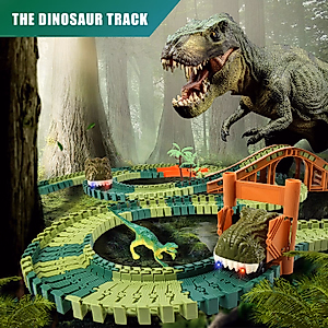 Jurassic Dinosaur Toys Race Car Track for Boys Age 4-7 Dinosaur World Road Race - Flexible Train Track Playset with 2 Cars and 8 Dinos-Todder Kids Best Gifts Ideas 3 5 6 Years Old (220+pcs) DDAI