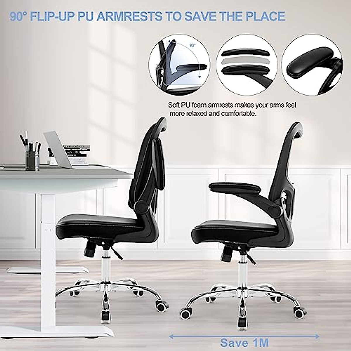 X XISHE Office Chair Ergonomic Desk Chair,Mesh Computer Chair,Home Office Desk Chairs,Executive Task Chair,Adjustable Height PU Leather Flip-up Armests Swivel Rolling Wheels Comfortable Chair,Black