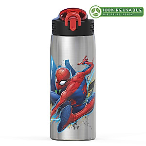 Zak Designs 27oz Marvel 18/8 Single Wall Stainless Steel Water Bottle with Flip-up Straw and Locking Spout Cover, Durable Cup for Sports or Travel (27oz, Spider-Man)