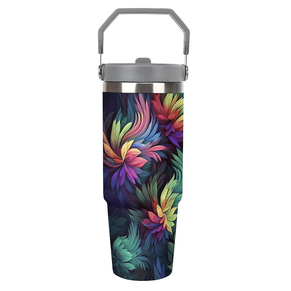 Colorful Flower Tumbler 30oz Large Capacity Car Cup with Handle Fit in Any Car Cup Holder Stainless Steel Leakproof Insulated Coffee Tumblers with Lid And Straw