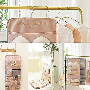 Hanging Closet Shelves Organizer and Storage for Wall with Mesh Pockets & Rotating Metal Hange, Space Saving Dual-Sided for Underwear Panties Bra Socks (Pink, Expand 26 Pocket,1Pc)