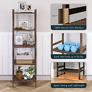 HITNET Bamboo Book Shelf, Tall Narrow Bookcase, Bathroom Shelving Unit 5 Tier Floor Standing Adjustable Bookshelf for Small Spaces, Walnut