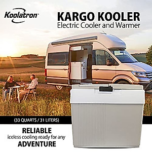 Koolatron Thermoelectric Iceless 12V Cooler/Warmer 33 qt (31 L), Electric Portable Car Fridge w/ 12 Volt DC Power Cord, Dual Opening, Gray/White, Travel Camping Fishing Trucking, Made in North America