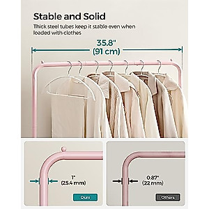 SONGMICS Clothes Rack with Wheels, 36 Inch Garment Rack, Clothing Rack for Hanging Clothes, with Dense Mesh Storage Shelf, 110 lb Load Capacity, 2 Brakes, Steel Frame, Jelly Pink UHSR025P01