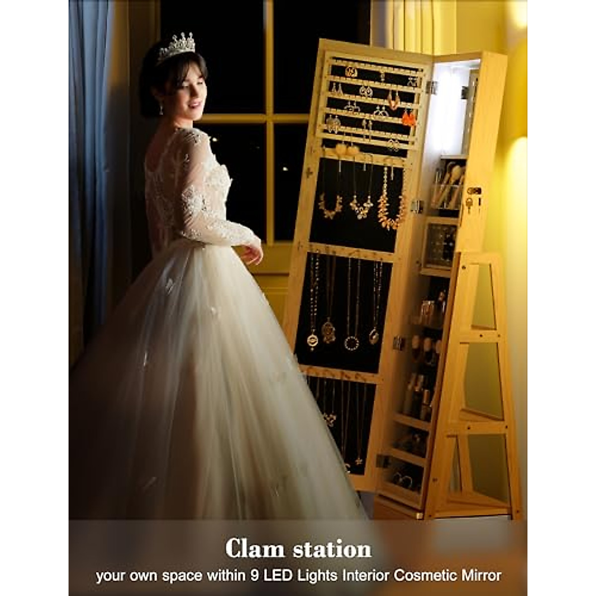 Nicetree 360° Swivel Jewelry Cabinet with Lights, Touch Screen Vanity Mirror, Rotatable Full Length Mirror with Jewelry Storage, Standing Jewelry Armoire Organizer, Foldable Makeup Shelf, White