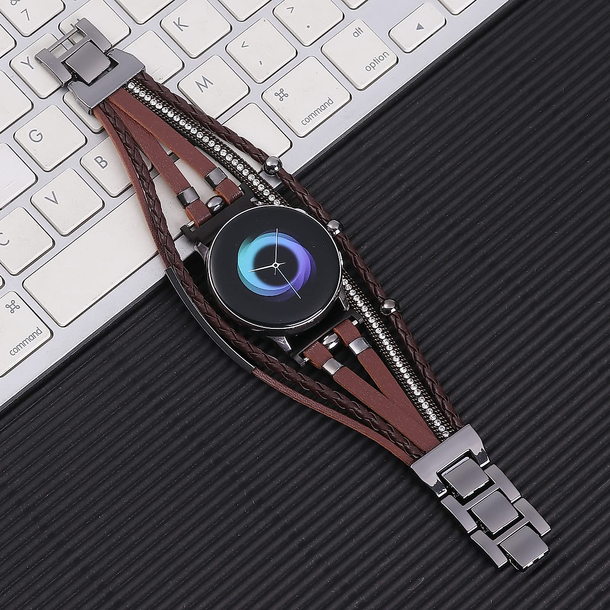 Posh Leather Bands Compatible with Samsung Galaxy Watch 7 6 5 4 40mm 44mm/Watch 6 4 Classic Band 42mm 46mm 43mm 47mm/Galaxy Watch 5 Pro Band 45mm/Active 2, 20mm Boho Bracelet Handmade Strap for Women (Brown Black)