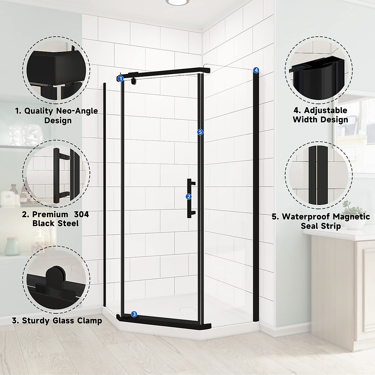 SUNNY Shower Door 36.7 in. x 71.8 in. Frameless Neo-Angle Pivot Shower Doors in Black Finish, 1/4 in. Clear Glass Corner Shower Enclosure