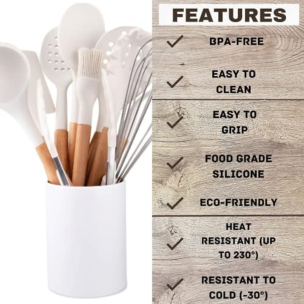 Silicone Kitchen Utensils Set | White Kitchen Utensils with Holder (11 PC) - Non Stick Kitchen Accesories for Cooking - White Kitchen Set with Wooden Handle by Five14
