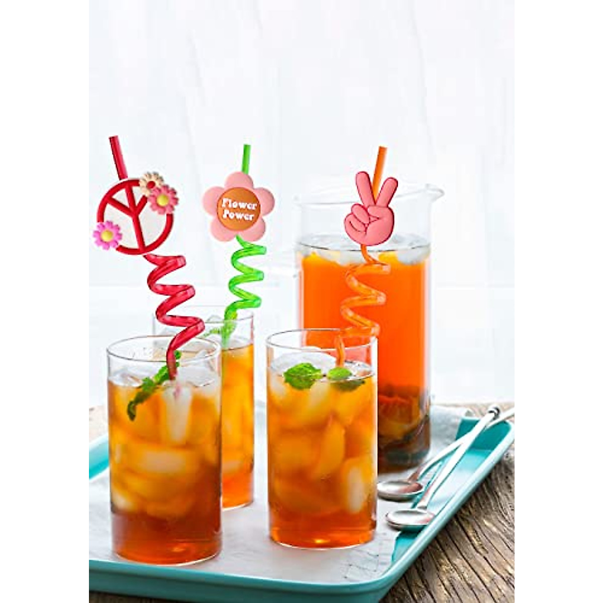 60's Hippie Boho Party Favors Two Groovy Straws Reusable Plastic Drinking Straws 8 Designs 24pcs, Boho Rainbow Birthday Party Favor Kids with 2 Cleaning Brush