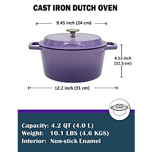 NWsystems 4.2 QT Cast Iron Dutch Oven, Non-stick and Enamel Interior, Multi-purpose Cooking & Baking, Suitable to All Kinds of Cooktops, Dishwasher Safe, and the Gift for Family and Friends - Violet