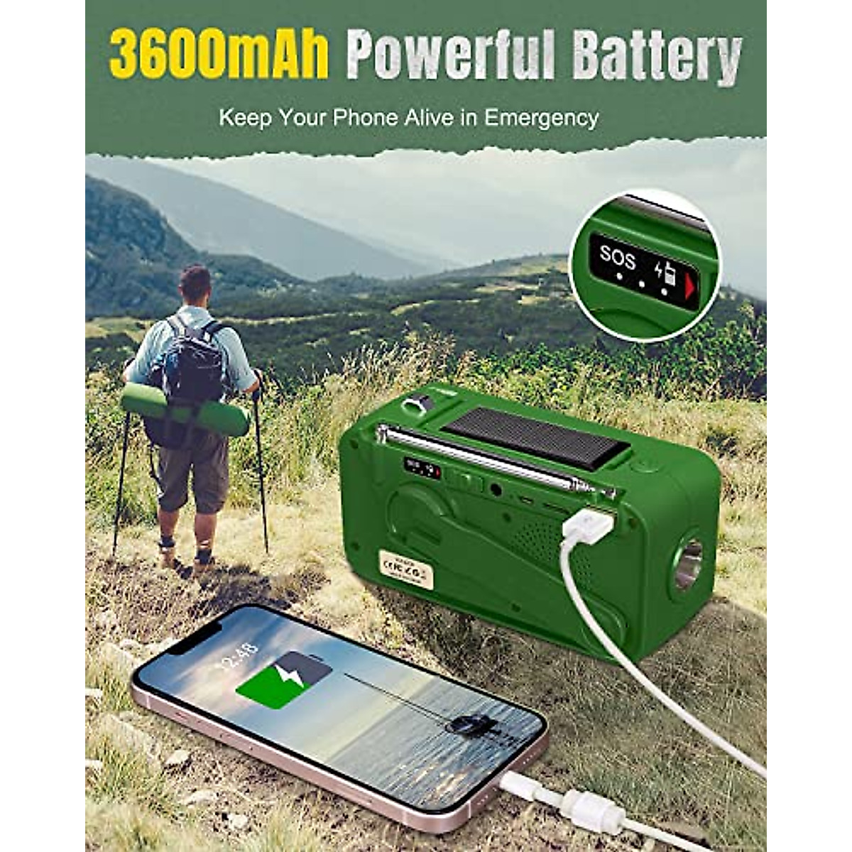 PRUNUS 3600mAh Emergency Radio Hand Crank/Solar/USB Charging, Bluetooth Speaker, Flashlight,Phone Charger,SOS Alarm, Power Bank, MP3,7 NOAA Weather Radio, Portable Radio Transistor AM FM