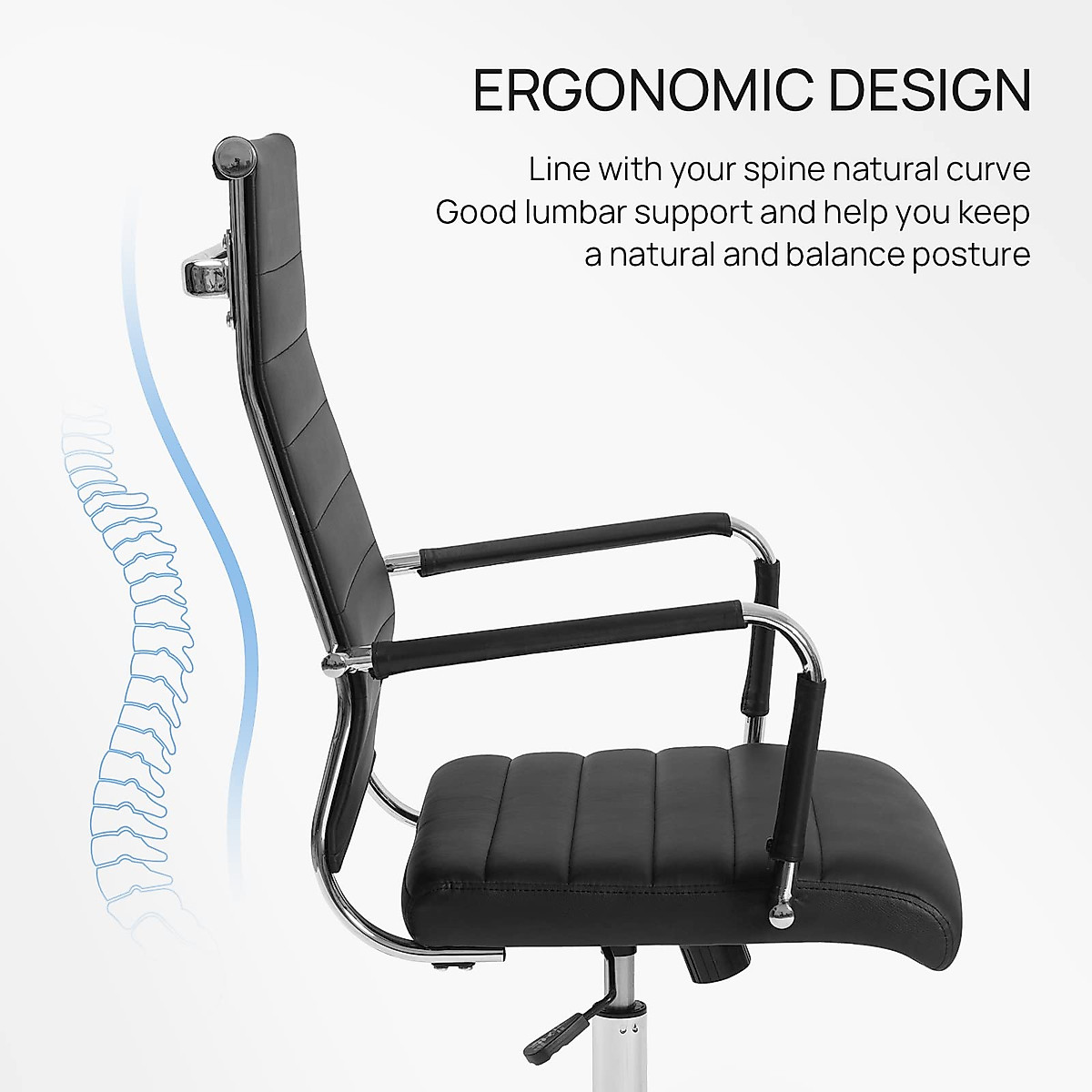 Office Desk Chair with Wheels, Beatmart INC Ergonomic Black Leather Conference Room Chairs Height Adustable | Ribbed High Back | Swivel Rolling Task Chair