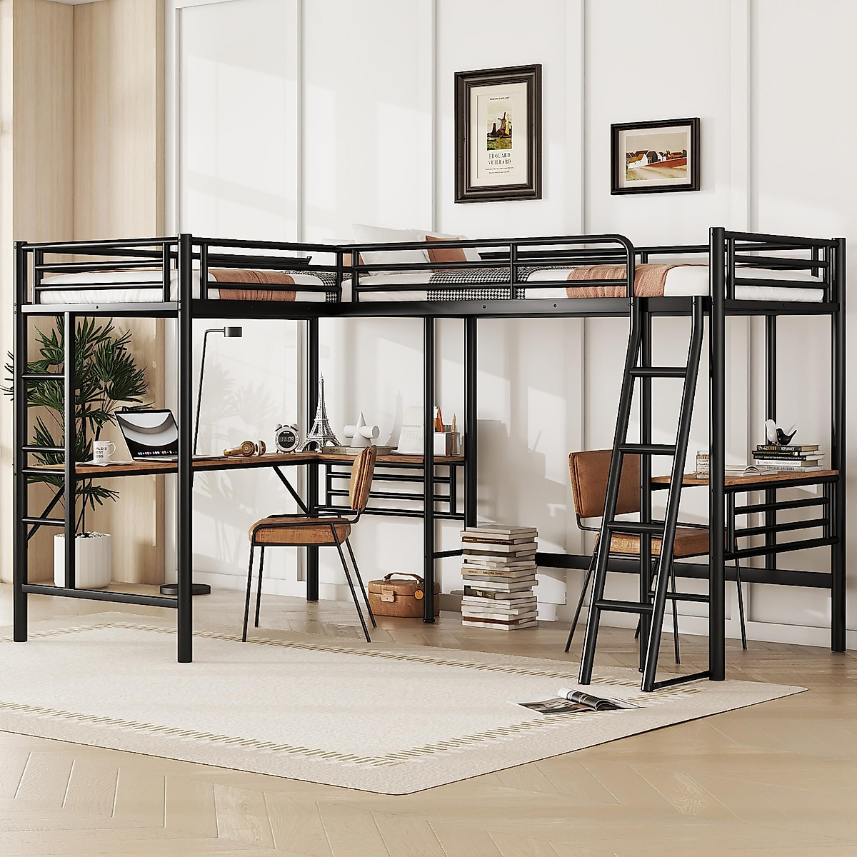 MERITLINE Metal Twin Size L-Shaped Loft Bed, Twin Size Loft Bed Frame with Two Built-in Desks Underneath for Kids Boys Teens, Black