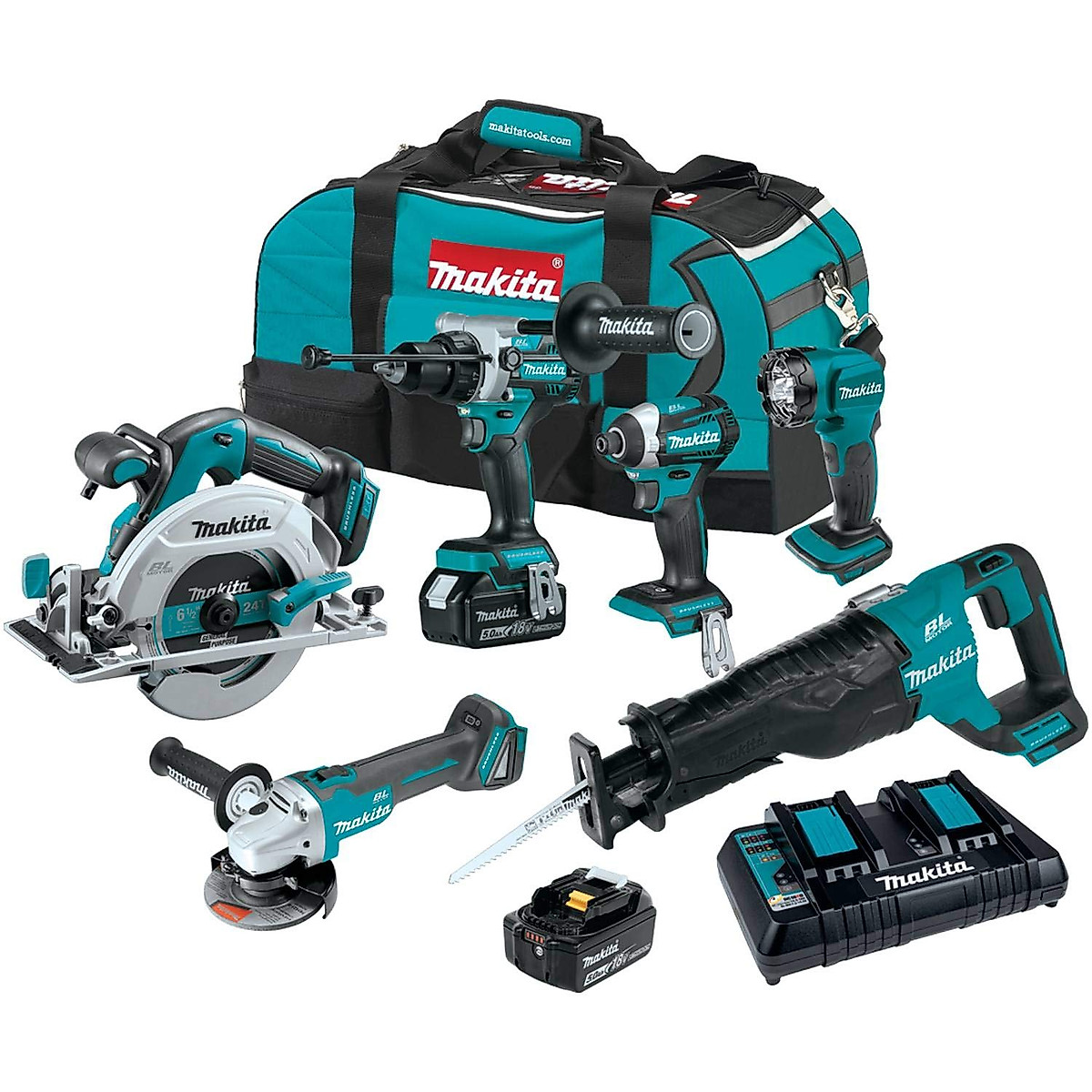 Makita XT616PT 18V LXT Lithium-Ion Brushless Cordless 6-Pc. Combo Kit (5.0Ah), BL1860B 18V LXT Lithium-Ion 6.0Ah Battery, and XAG04Z 18V LXT Li-Ion Brushless Cordless 4-1/2” / 5" Cut-Off/Angle Grinder