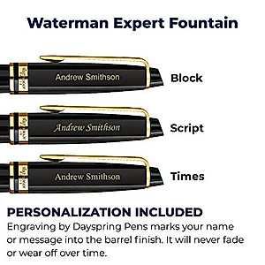 Personalized Waterman Fountain Pen | Engraved Waterman Expert Fountain Pen Black with Gold Trim. Custom Engraved By Dayspring Pens.