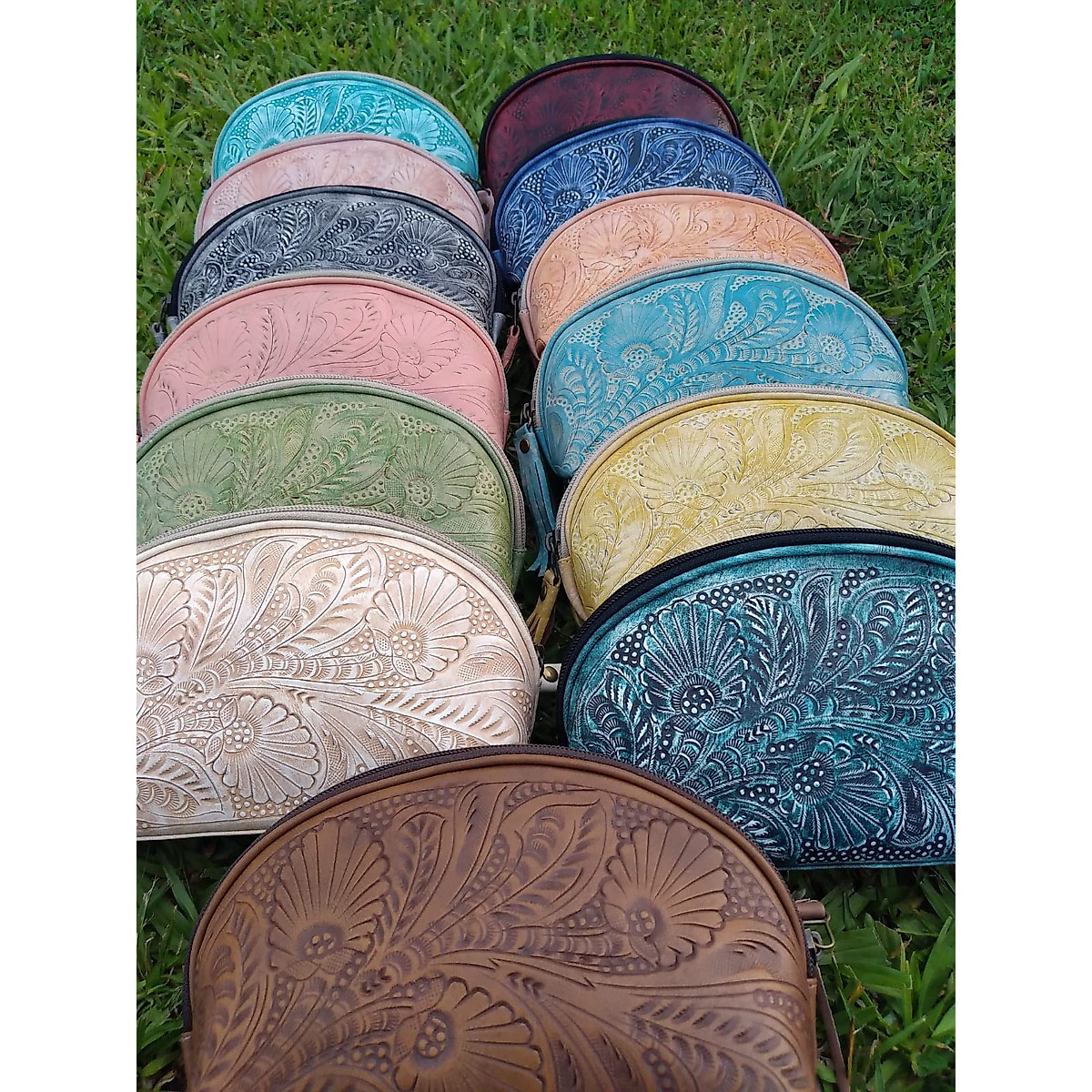 Womens Cosmetic Case, Leather makeup case, handtooled, toiletry and travel bag, zipper close, lined, tassel