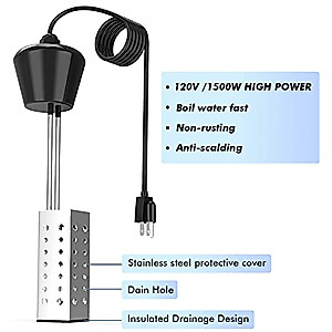 creekeley Electric Immersion Water Heater,1500W Pool Heater with Stainless Steel Guard & Suspension Head, Portable Water Heater for Inflatable Pool, Above Ground Pool Heater,Bathtub S1 silver 2