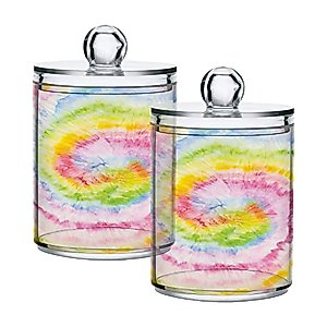 xigua 2 Pack Qtip Holder Dispenser Rainbow Tie Dye 10 Oz Bathroom Organizer with Lids Storage Canister for Cotton Ball,Cotton Swab,Cotton Round Pads,Floss#599