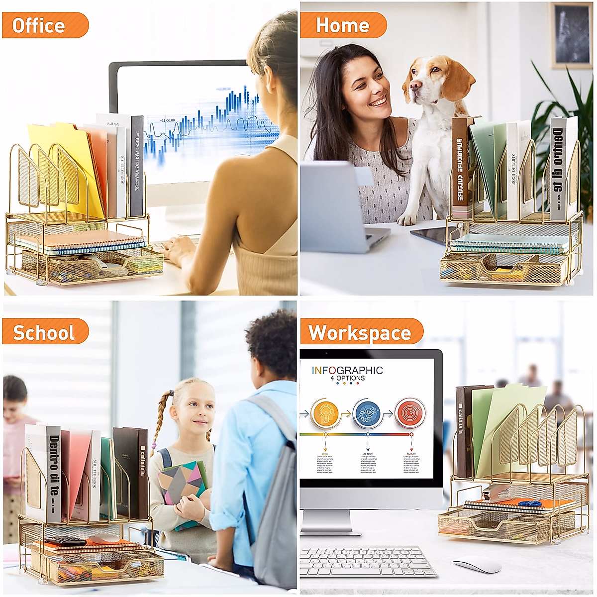 Beiz Gold Desk Organizer and Accessories Storage with 5 Vertical File Folder Holders, 2 Paper Tray, Drawer for Women Office, Home, Dorm, Workspace to Collect Office Supplies