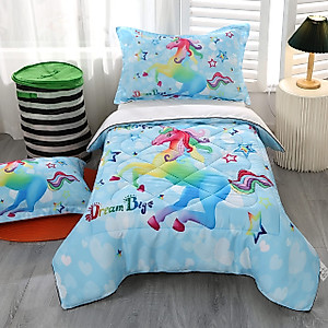 VIVILINEN Blue Unicorn Toddler Comforter Set for Girls 3 Piece Rainbow Unicorn Kid Toddler Bedding Set for Kids Bed-in-a-Bag Bedspreads Quilt Set with Comforter, 2 Pillowcases