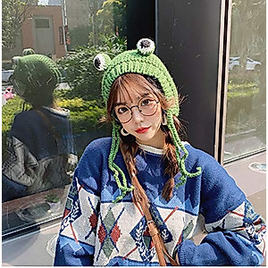 Women Girls Crochet Knitted Winter Headband Hat Beanie Cute Cartoon Frog Big Eyes Earflap Cap Photo Props