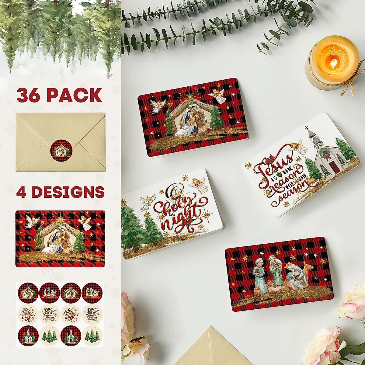 Artoid Mode 36 Pack Angels Cabin Christmas Thank You Cards Church Xmas Tree Greeting Cards Gift With Envelope Sticker Blank Note Cards for Birthday Wedding Baby Shower Bridal Shower, 4 x 6 Inch