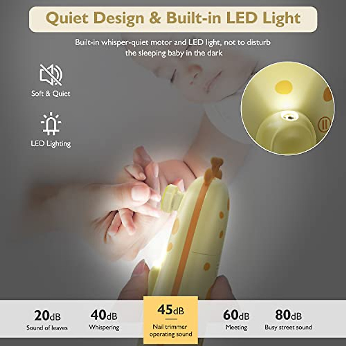 Baby Nail Trimmer Electric Baby Nail File with Light 10 Grinding Heads Safe Quiet Baby Nail Grooming Care Kit for Newborn Infant Toddler Toes Fingernails - Orange