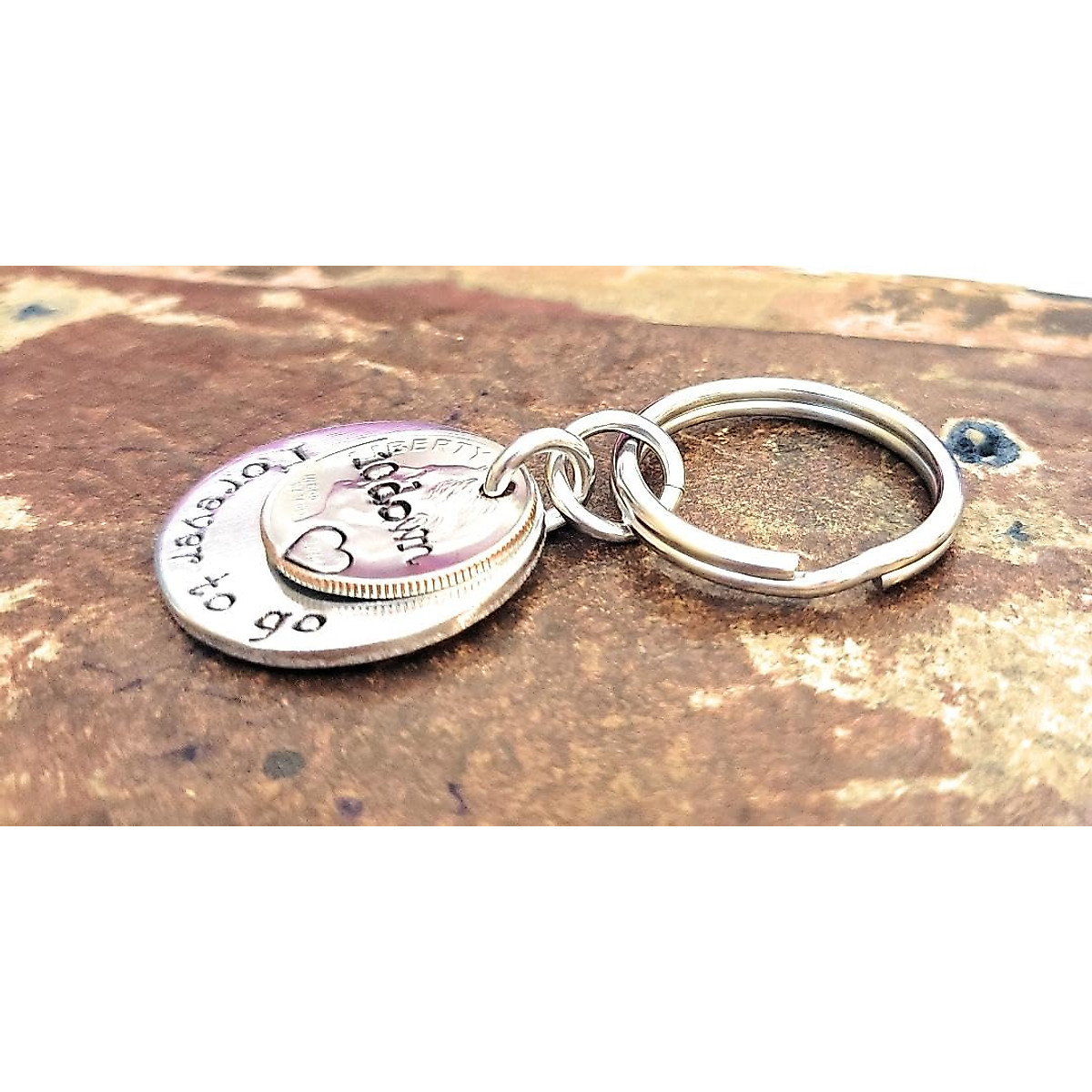 10 Down and Forever To Go 10th Year Anniversary Gift Key Chain with a 2014 Dime and Silver Aluminum Charm