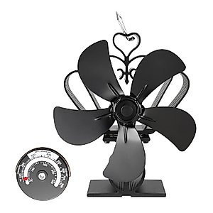 ETERMETA Wood Stove Fan 5 Blades Heat Powered Fireplace Fan Heat Activated Fan with Thermometer for Wood Log, Warm/Heated Air Eco Stove Fan, Black