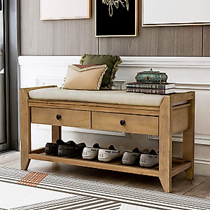 FRANSOUL Shoe Cushioned Seat and Drawers, Multipurpose Storage Bench for Entryway/Dining Living Room,Khaki