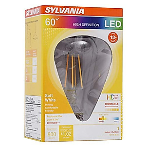 SYLVANIA LED Filament Light Bulb, ST19 Edison, 60W Equivalent, Efficient 8.5W, 13 Year, Dimmable, 800 Lumen, Clear Finish, 2700K, Soft White - 1 Pack (40255)
