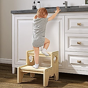 Wooden Toddler Step Stool for Kids, Bowdanie Two Step Stool Adults with 4 Non-Slip Pads and 2 Carpets, Wood Stepping Stool for Bathroom Sink, Kitchen Stools & Potty Training Bedroom Home Use (Natural)