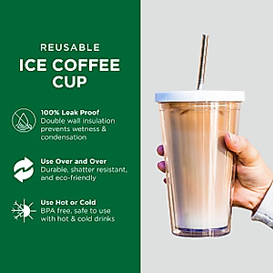 Reusable Iced Coffee Cup (24 Oz/Venti), Leak Proof and Double Wall Insulated Iced Coffee Tumbler, Come with Reusable Plastic and Metal Straws and Straw Cleaner