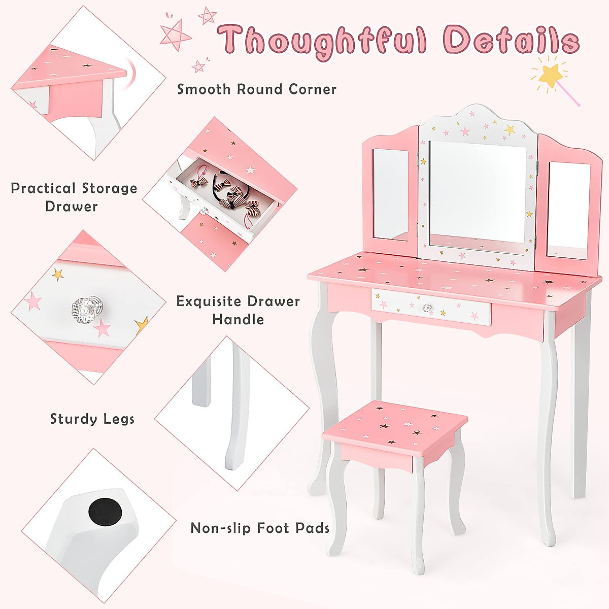 KOTEK Kids Vanity Set w/Tri-Folding Mirror, 2 in 1 Wooden Princess Makeup Dressing Table w/Detachable Top & Storage Drawers, Pretend Beauty Play Vanity Table Set for Girls (Pink Star Print)