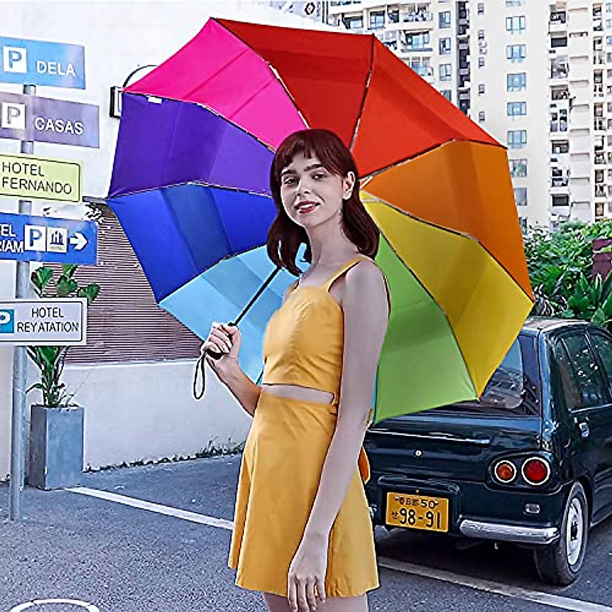 Lejorain Large Golf Umbrella Windproof - Oversized 54inch Double Layer Rainbow 10Ribs Folding Travel Umbrella Compact Auto Open Close for Rain Women/Men