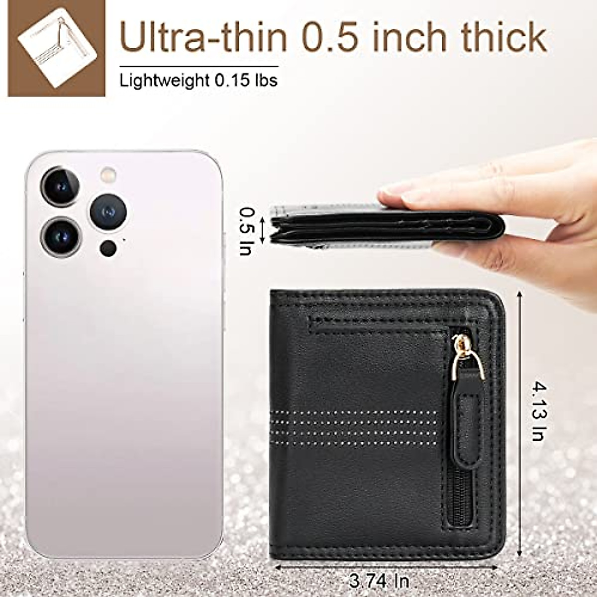 APHISON Womens Wallet, RFID Wallet Women Sequin Line Vegan Leather Slim Bifold Compact Small Wallet for Women with ID Credit Card Holder Zipper Coin Pocket Wallet Black