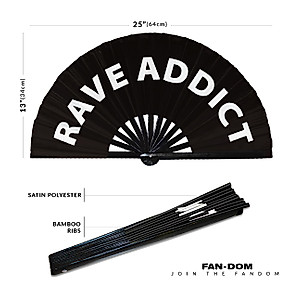 Rave Addict hand fan foldable bamboo circuit hand fan funny gag slang words expressions statement gifts Festival accessories Rave handheld Circuit event fan Clack fans (Black)