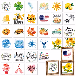 Farmhouse Home Decor Signs 3 Frames with 34 Interchangeable Holiday Seasonal Sayings Tiered Tray 6.7 x 6.7 Inch Fall Wall Decor Frames Sign for Living Room Wall, Table