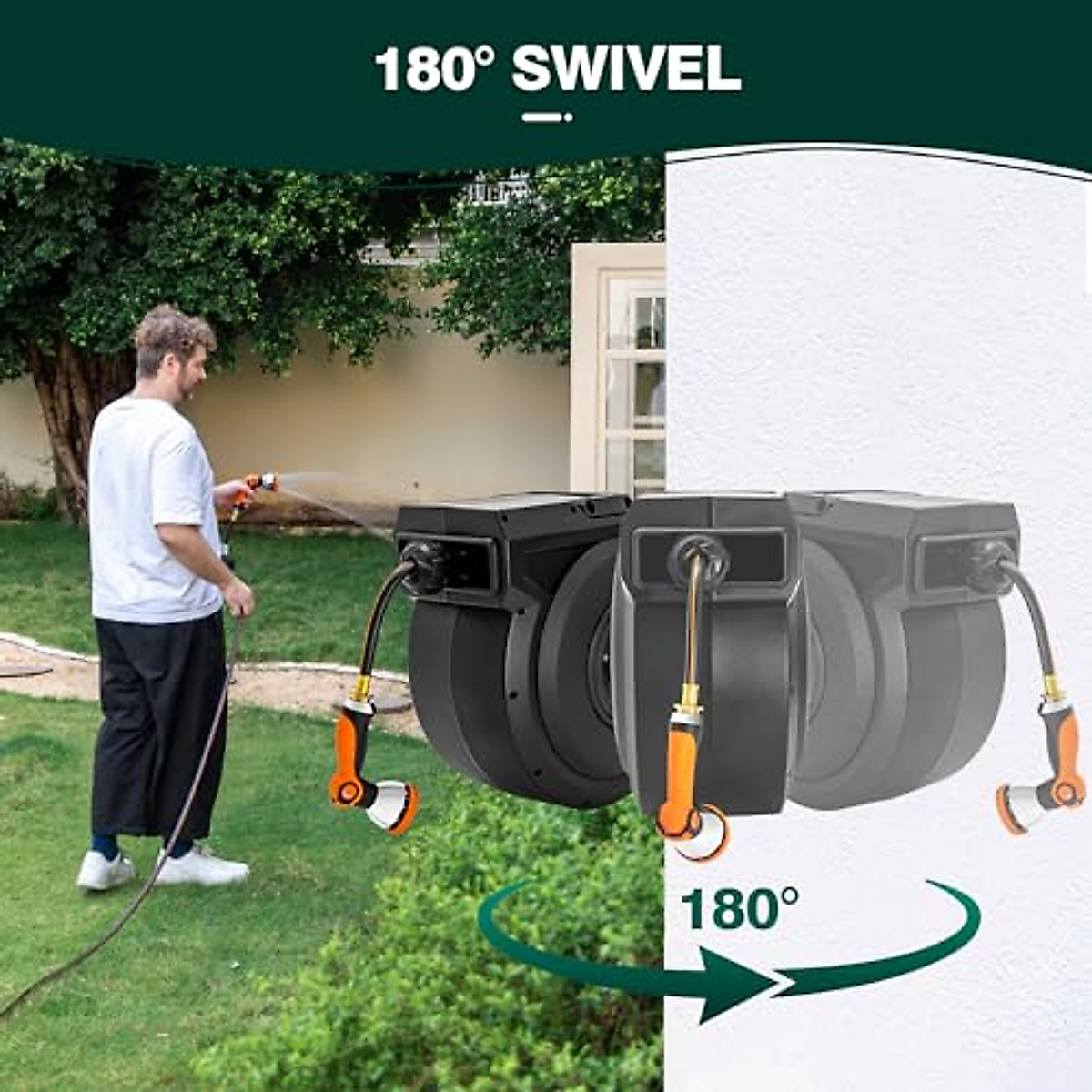 Nichro Retractable Garden Hose Reel Wall Mount, 1/2"×100 ft Automatic Garden Hose Reel with Cover and 10 Pattern Hose Nozzle, Auto Rewind/Any Length Lock/180° Swivel Bracket for Garden Watering