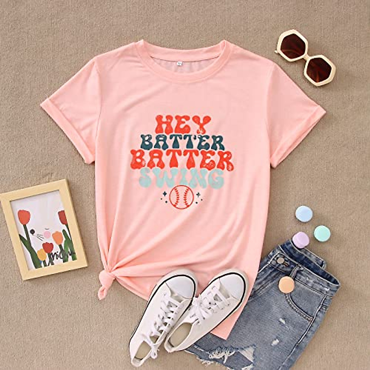 Cute Baseball T-Shirt Women Hey Batter Swing Tee Shirt Short Sleeve Casual Summer Funny Graphic Sports Tops (Light Pink, M)