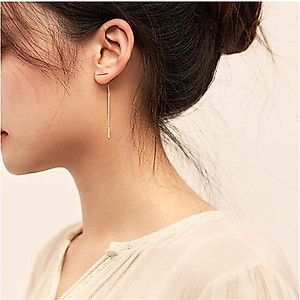Minimalist Threader Bar Earrings for Women Girls S925 Sterling Silver Charm Long Tassel Chain Drop Dangling Simple Wire Thread Piercing Ear Stud Hypoallergenic Fashion Chic Earring (Silver)