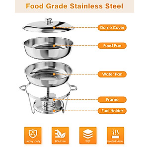 GAOMON 5QT Chafing Dish Buffet Set of 6 Pack, Round Stainless Steel Food Warmers Buffet Servers Sets, Chafer with Food & Water Pan, Lid, Frame, Fuel Holder for Catering and Parties