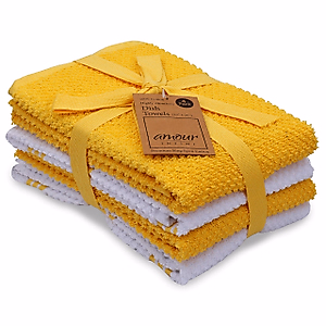 AMOUR INFINI Kitchen Towels Pack of 4 Absorbent, Quick Drying Premium Terry Cotton Dish Towel with Hanging Loop 16x28 Inch Hand & Tea Towels (Yellow)